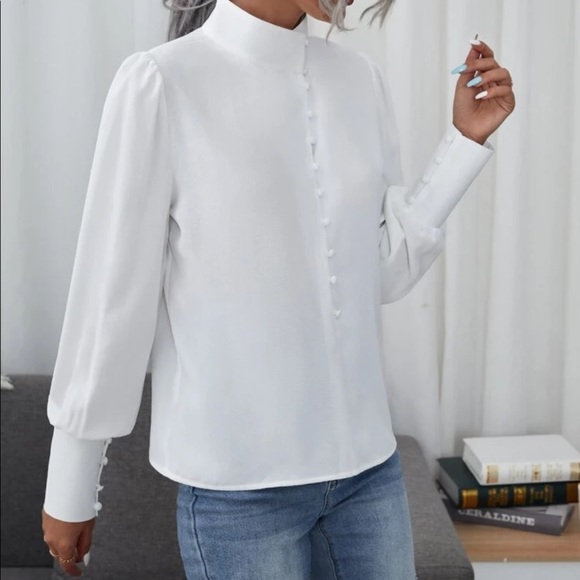 Tops | Luxe Button Detail Stand Neck Blouse | Poshmark